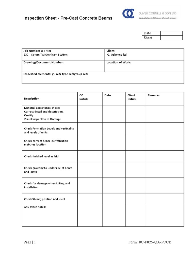 0C-F025-QA-PCCB - Inspection Sheet - Pre-Cast Concrete Beams | PDF
