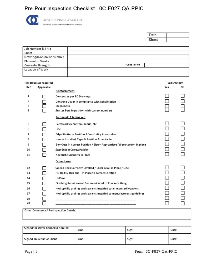 0C-F027-QA-PPIC - Pre-Pour Inspection Checklist (Walls, Columns, Slabs, Beams, Pile Caps, Cores ...