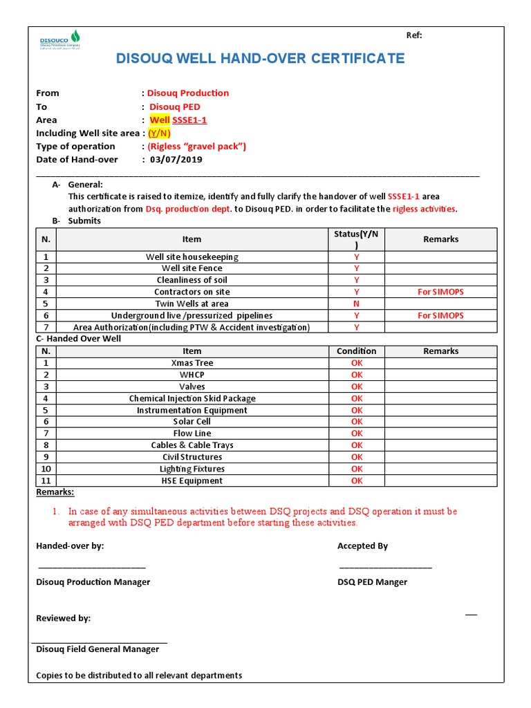 Disouq Well Hand-Over Certificate: (Y/N) (Rigless "Gravel Pack") | PDF ...