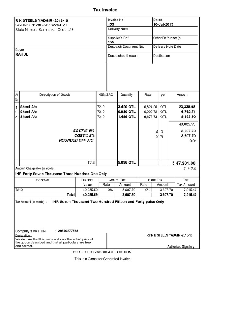 Tax Invoice: GSTIN/UIN: 29BISPK3225J1ZT State Name: Karnataka, Code: 29 ...