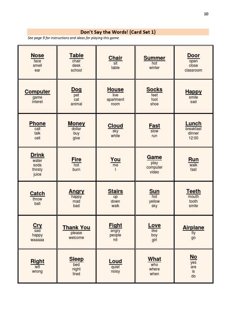 Don't Say The Words! (Card Set 1) : See Page 9 For Instructions and ...