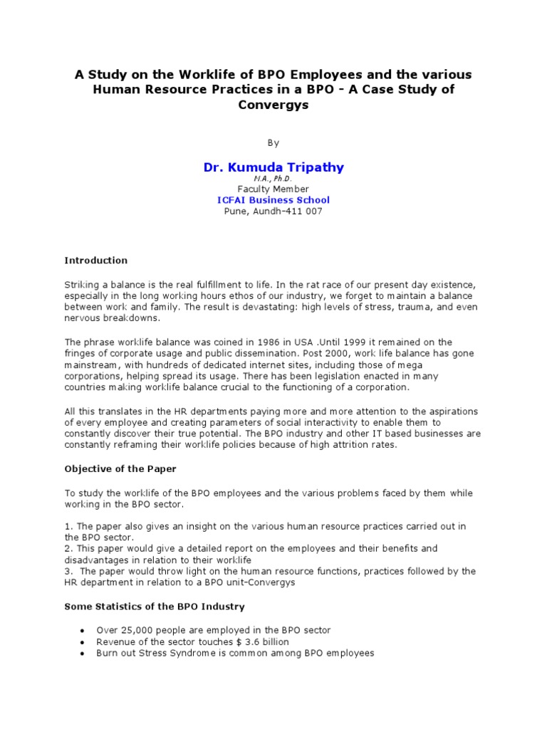 A Study On The Worklife of BPO Employees and The Various Human Resource ...