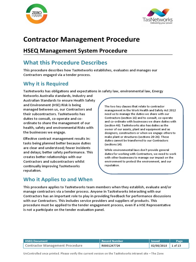 Contractor Management Procedure | PDF | General Contractor | Occupational Safety And Health