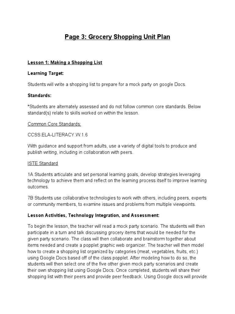 Grocery Shopping Unit Plan | PDF | Common Core State Standards ...