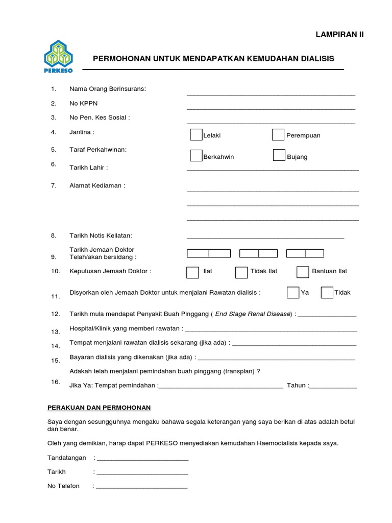 Borang Permohonan Untuk Mendapatkan Kemudahan Dialisis | PDF