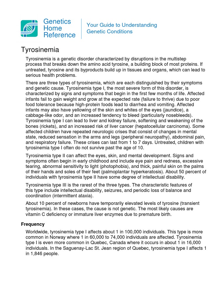 Tyrosinemia: Genetics Home Reference | PDF | Medicine | Diseases And ...