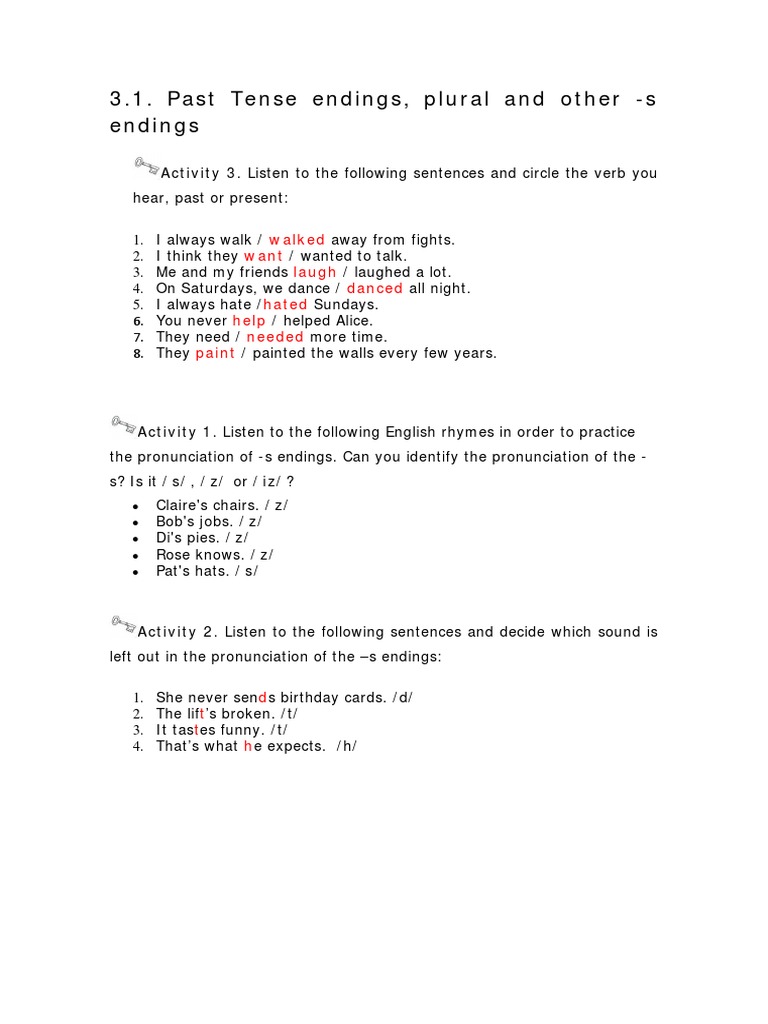 Key To Exercises 3.1. - Past Tense Endings, Plural - Other S - Endings ...
