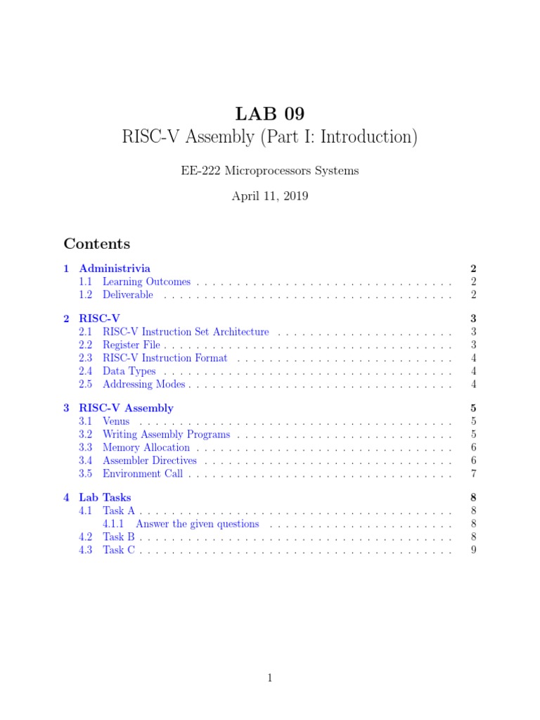 LAB 09 RISC-V Assembly (Part I: Introduction) : EE-222 Microprocessors Systems April 11, 2019 ...