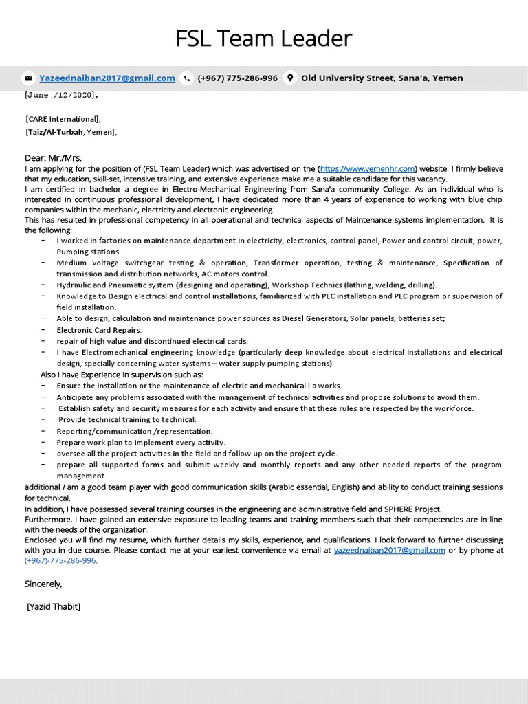 FSL Team Leader - Cover-Letter-Advanced - Original | PDF | Engineering ...