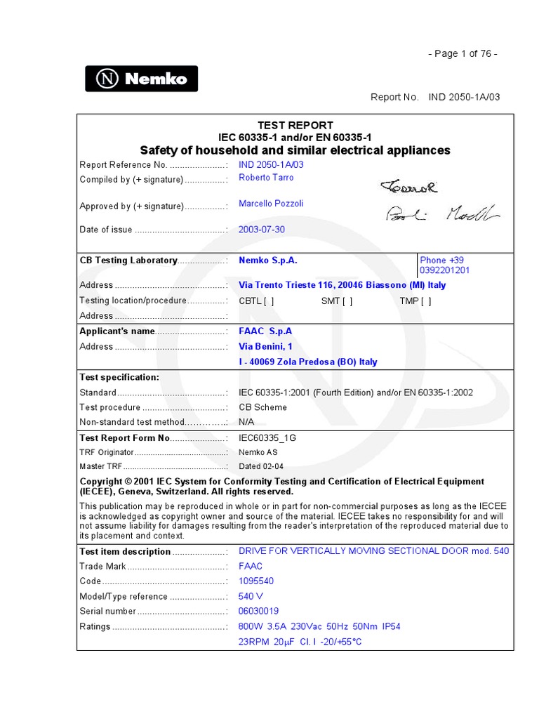 Safety of Household and Similar Electrical Appliances: Test Report IEC ...