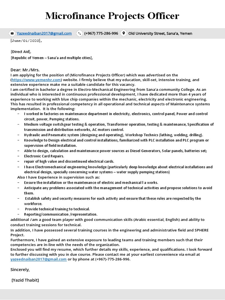 Microfinance Projects Officer - Cover-Letter | PDF | Engineering ...