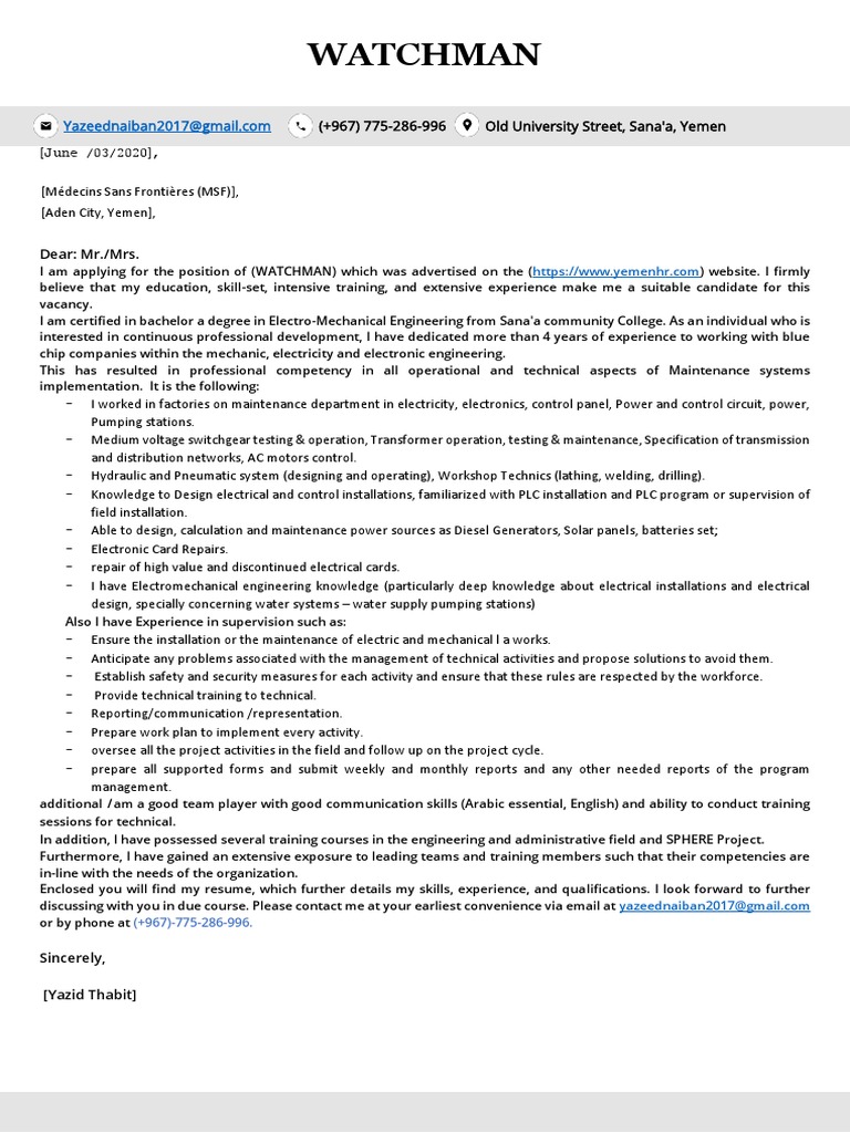 WATCHMAN - Cover-Letter | PDF | Engineering | Force