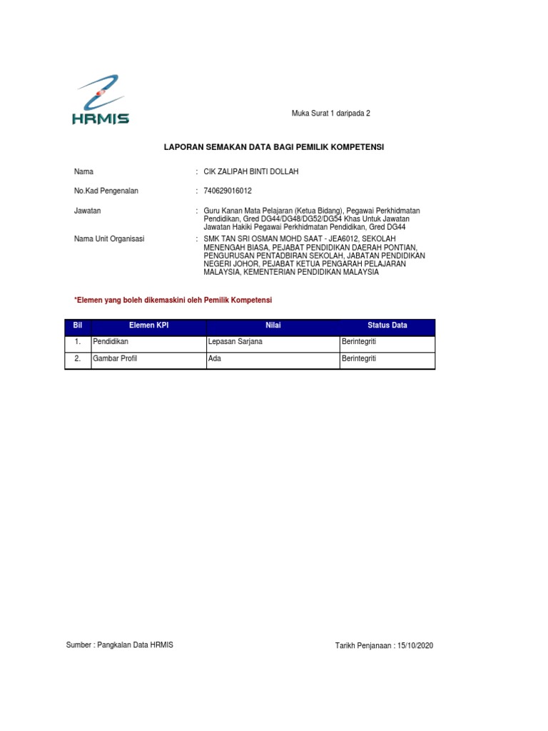 Laporan Semakan Data Hrmis | PDF