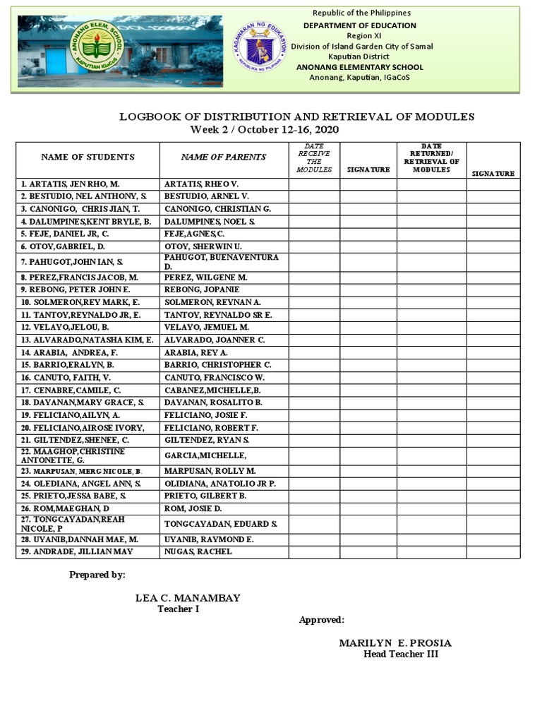 Logbook of Distribution and Retrieval of Modules Week 2 / October 12-16 ...