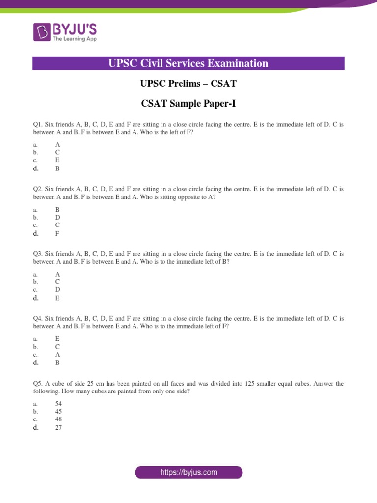 UPSC Civil Services Examination: UPSC Prelims - CSAT CSAT Sample Paper ...