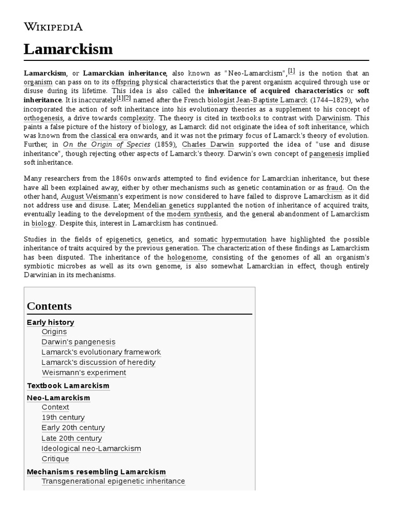 Lamarckism: Lamarckism, or Lamarckian Inheritance, Also Known As "Neo ...