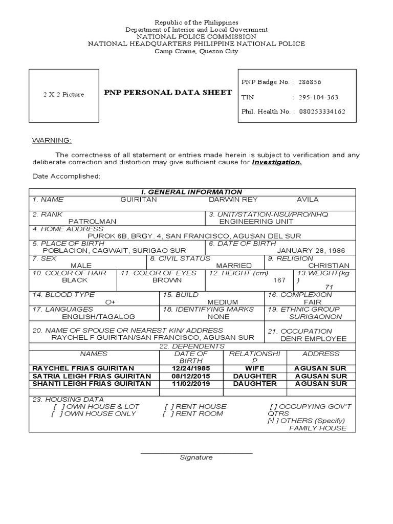 PNP Personal Data Sheet: I. General Information | PDF | Government ...