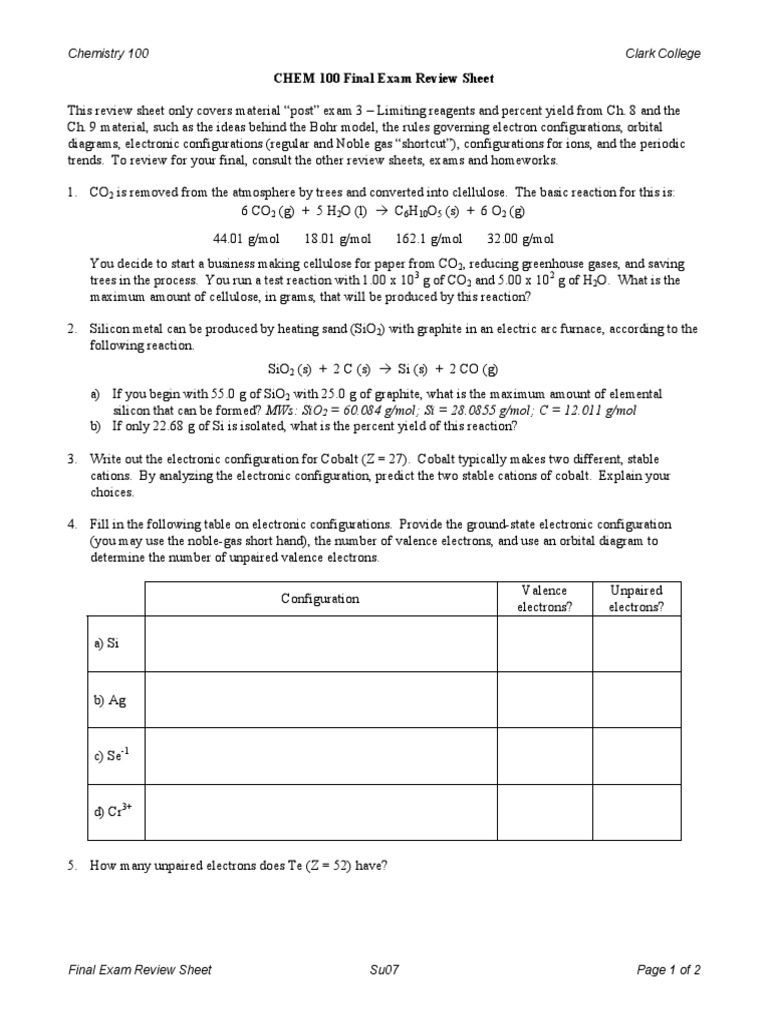 CHEM 100 Final Exam Review Sheet: Chemistry 100 Clark College | PDF ...