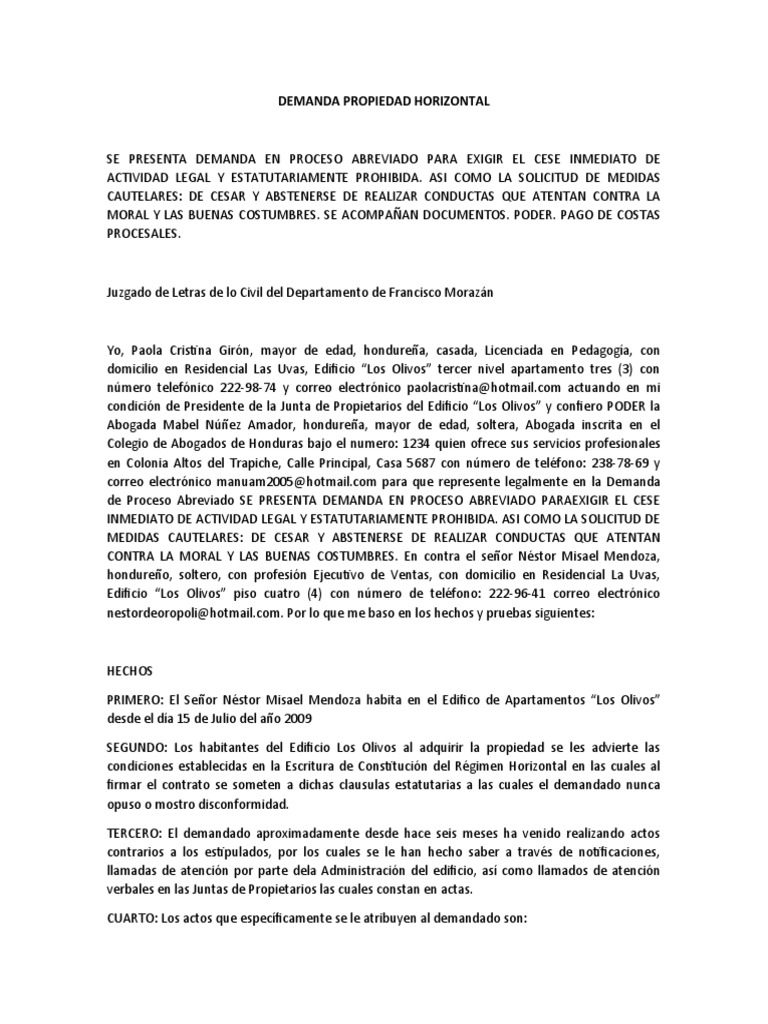 Demanda Propiedad Horizontal | PDF | Honduras | Demanda judicial