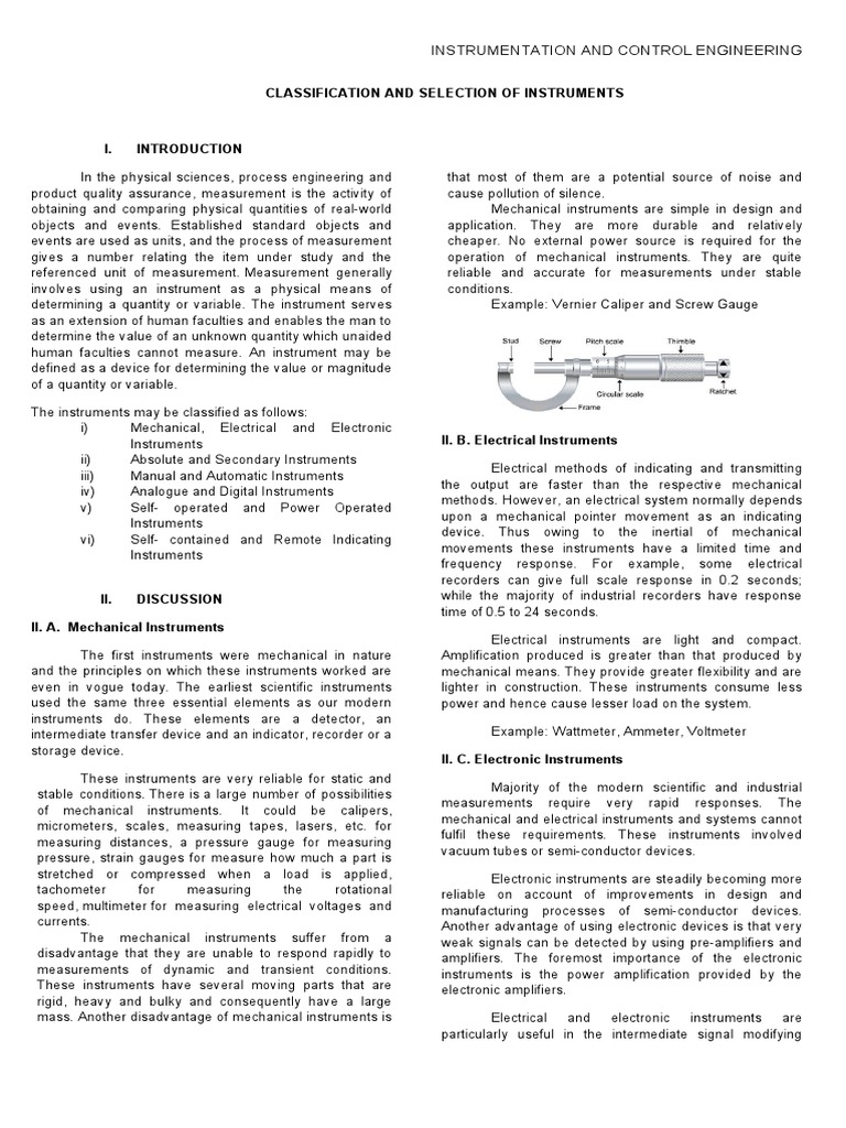 Classification and Selection of Instruments: Instrumentation and Control Engineering | PDF ...