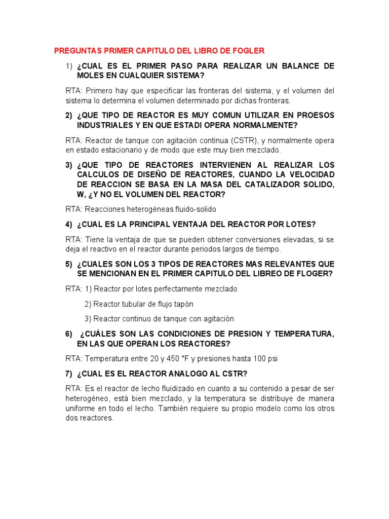 Preguntas Clave del Capítulo 1 de Fogler | PDF