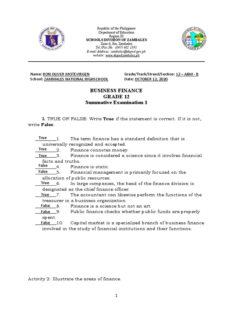 Business Finance Grade 12 Summative Examination 1 | PDF | Prices | Investor