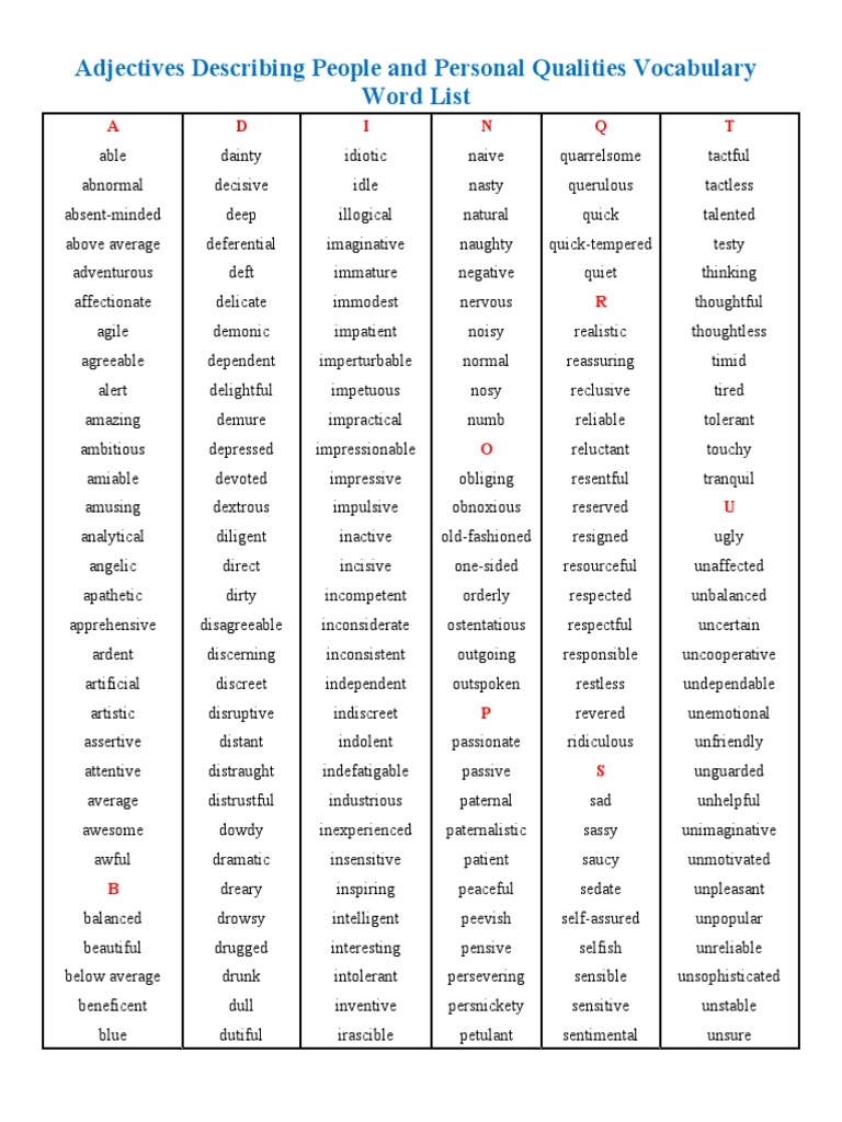 Adjectives Describing People and Personal Qualities Vocabulary Word ...