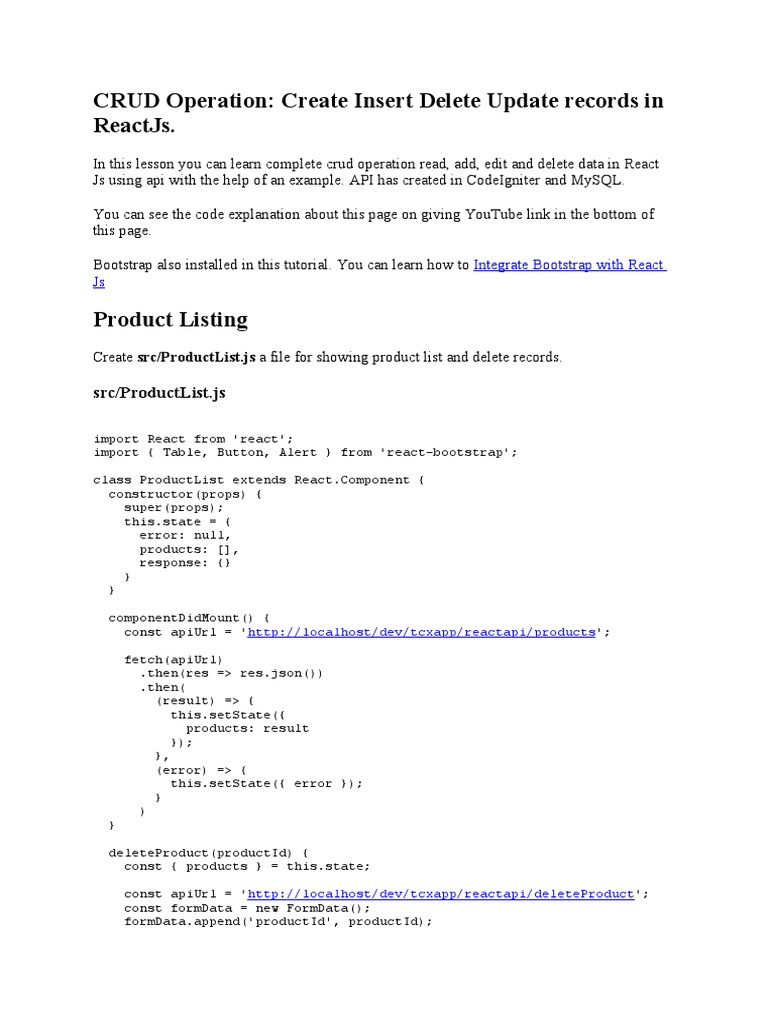 Crud Operation Create Insert Delete Update Records In Reactjs Pdf Data Management Software