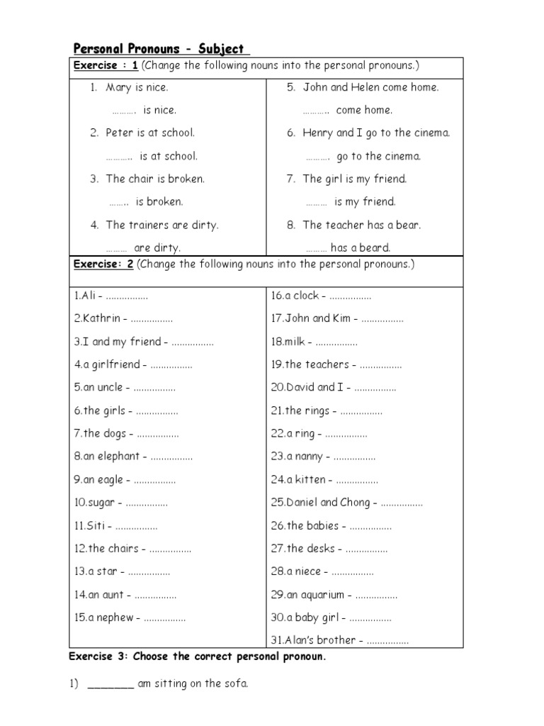Personal Pronouns - Subject and Object Exercises | PDF