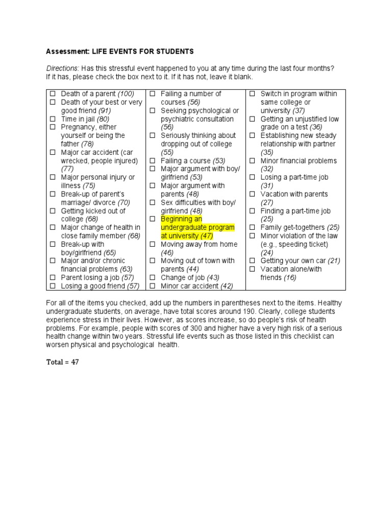 Life Events Checklist | Download Free PDF | Psychology | Behavioural ...