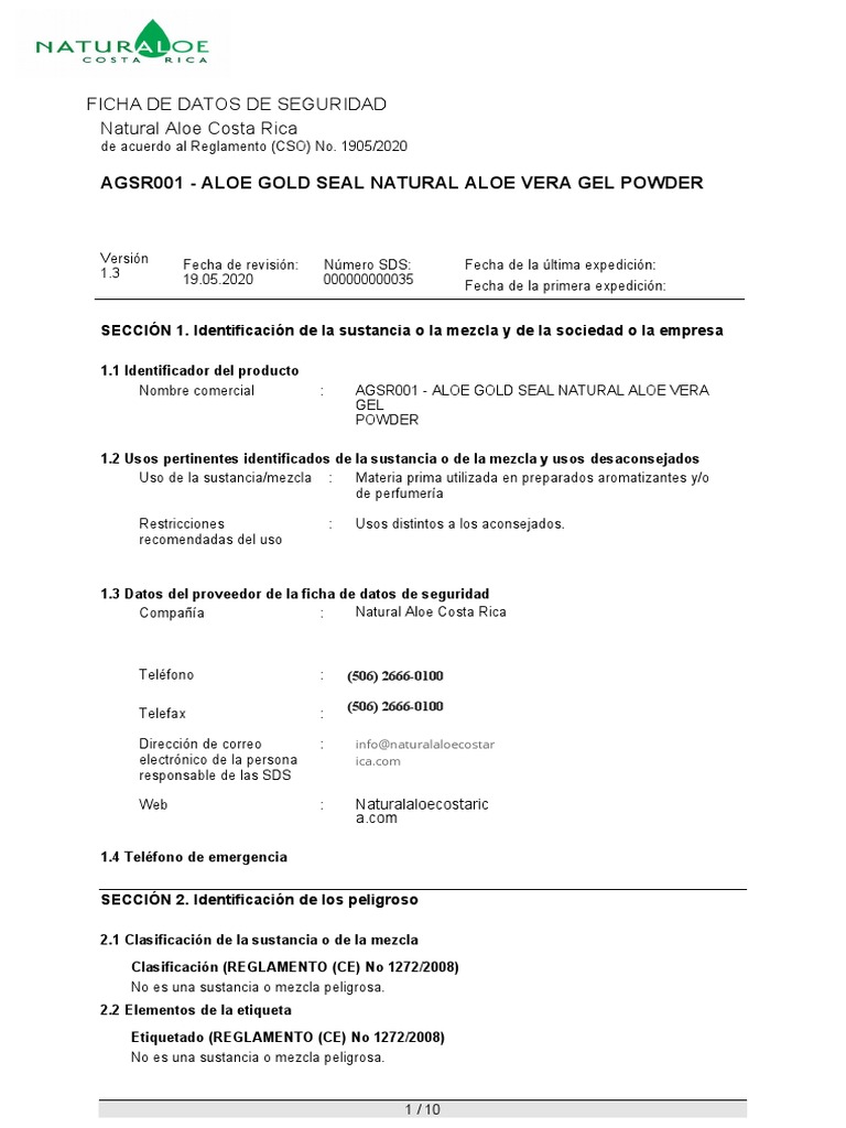 Ficha de Seguridad Aloe Vera Gel | PDF | Toxicidad | Residuos
