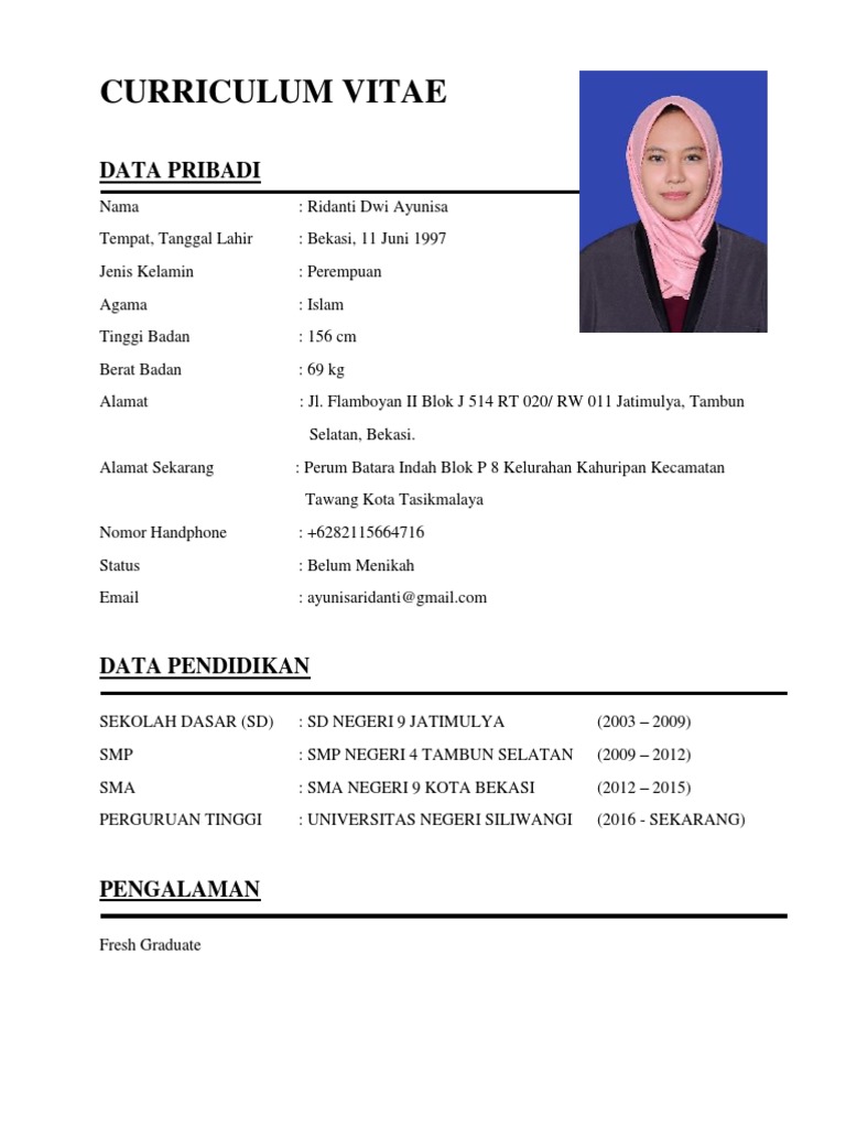 Curriculum Vitae Ridanti Dwi Ayunisa | PDF