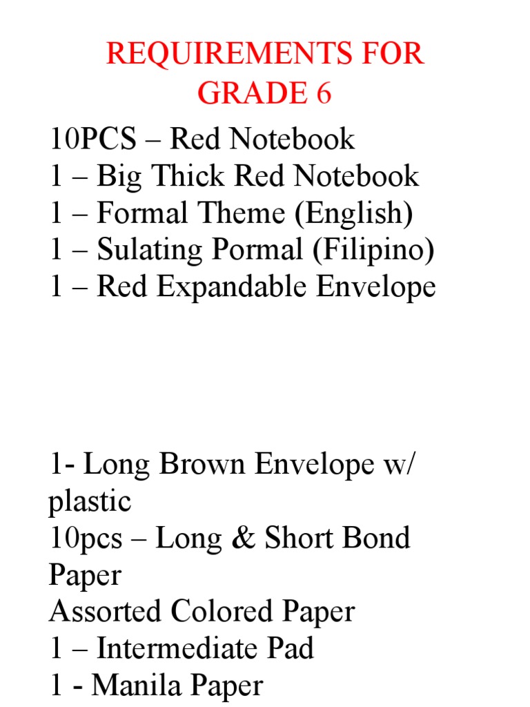 Requirements For Grade 6 | PDF