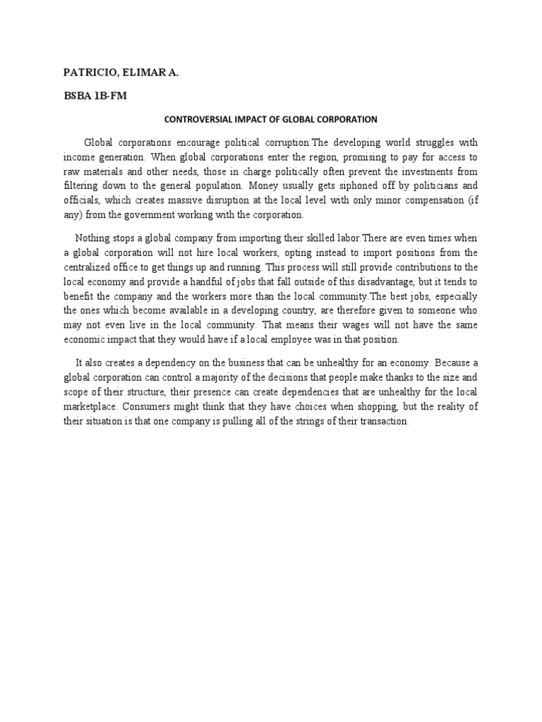 Patricio, Elimar A. Bsba 1B-Fm: Controversial Impact of Global Corporation | PDF