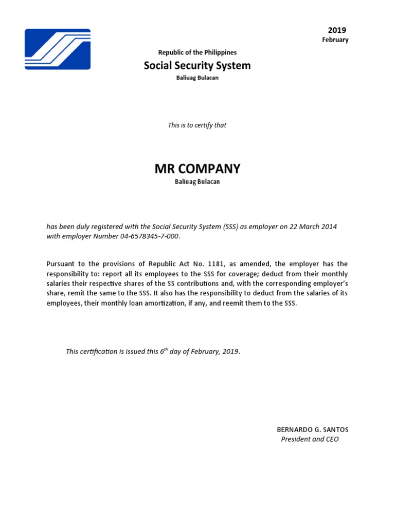 SSS Employer Registration Certificate for MR COMPANY | PDF