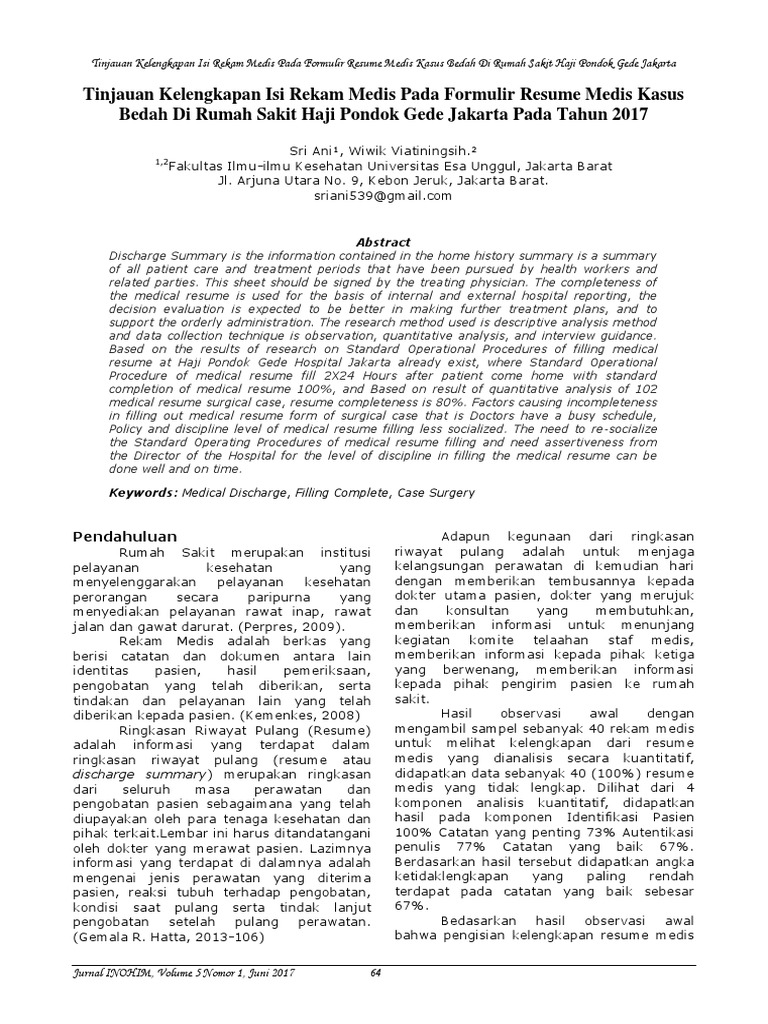 Tinjauan Kelengkapan Isi Rekam Medis Pada Formulir Resume Medis Kasus ...