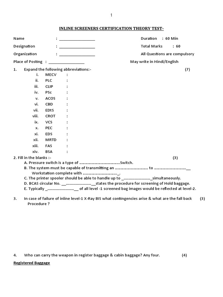 Inline Screeners Certification Test | PDF | Electricity | Electromagnetism