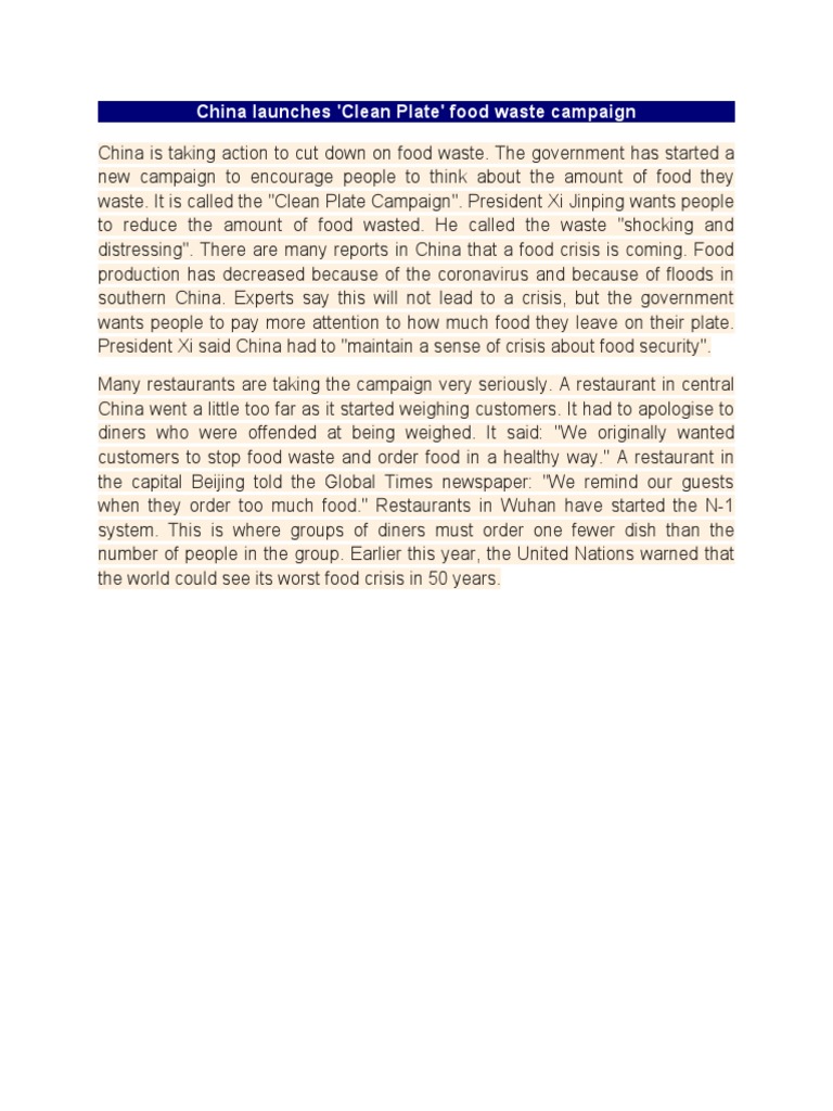 China Launches 'Clean Plate' Food Waste Campaign | PDF | Wellness