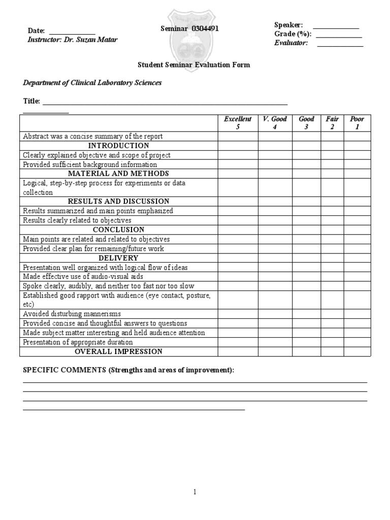 Clinical Lab Seminar Evaluation Form | PDF