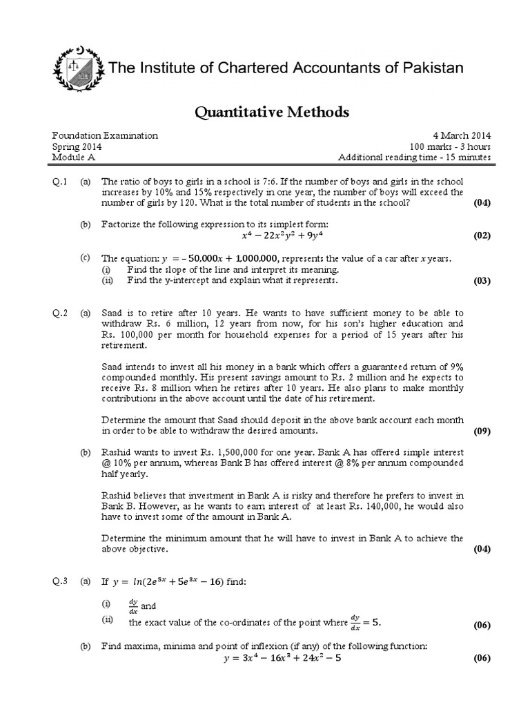 Analysis of Quantitative Methods Examination Questions Covering Topics ...