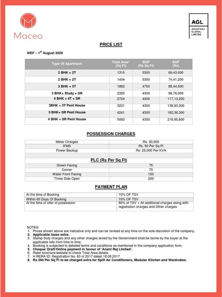 Apartment Price List & Payment Plan | PDF | Payments | Government Finances