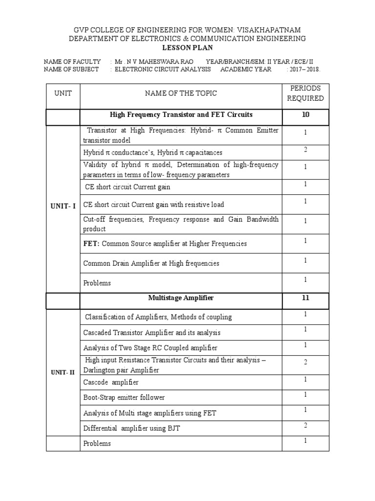 ECE Lesson Plan: Electronic Circuit Analysis | PDF | Amplifier ...