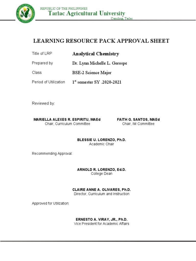 LRP Approval Sheet and microsyllabusANALCHEM | PDF | Analytical Chemistry | Analysis