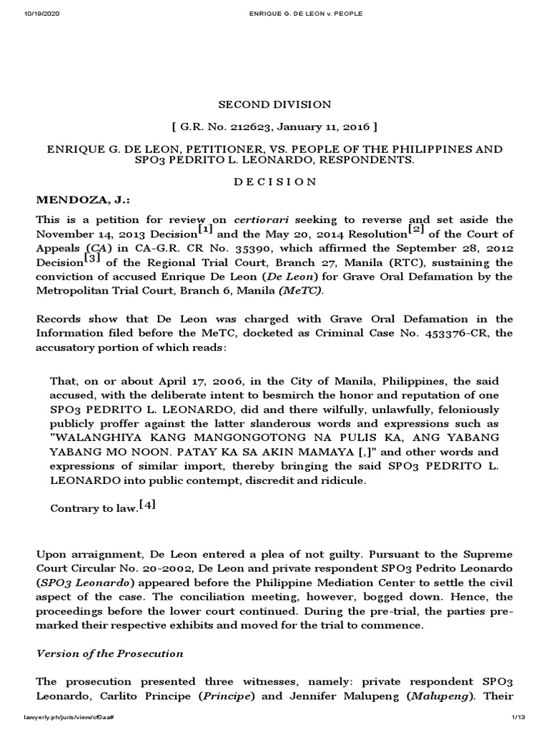 De Leon v. People: Grave Oral Defamation Case | PDF | Defamation ...