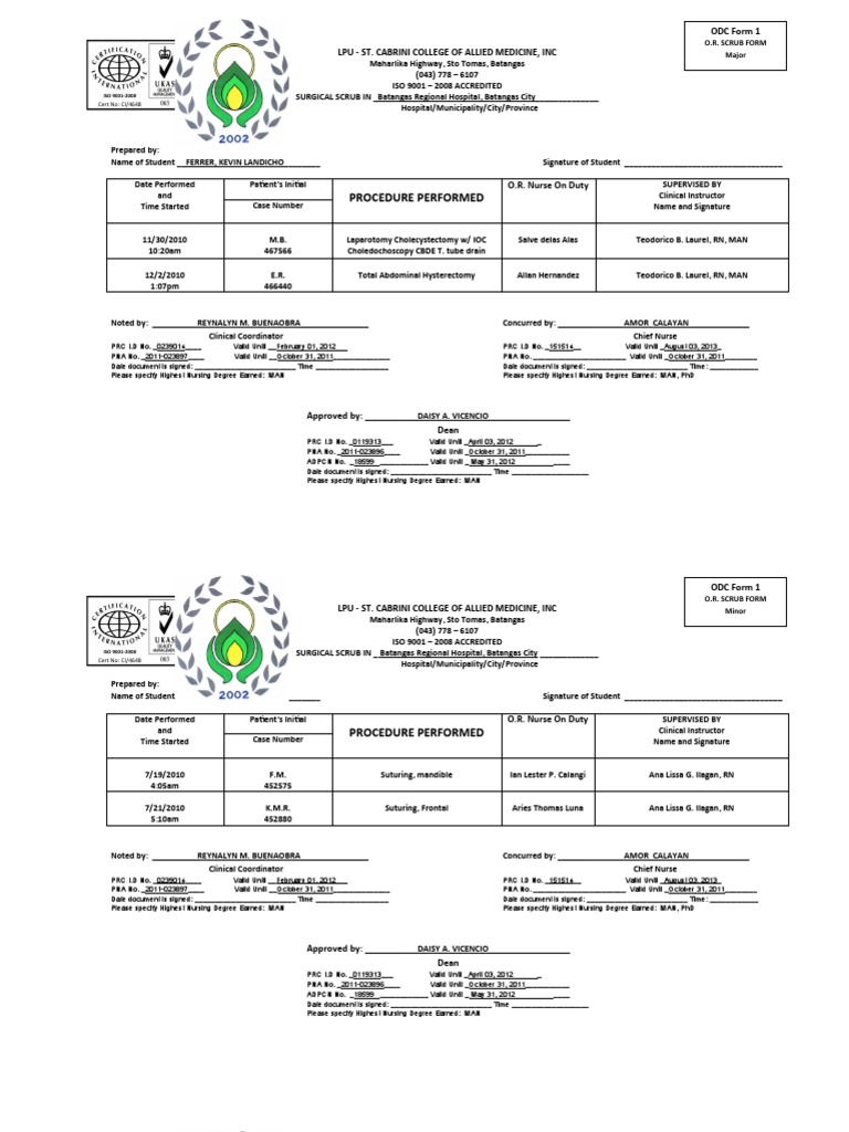 Procedure Performed: ODC Form 1 | PDF | Nursing | Rehabilitation Medicine