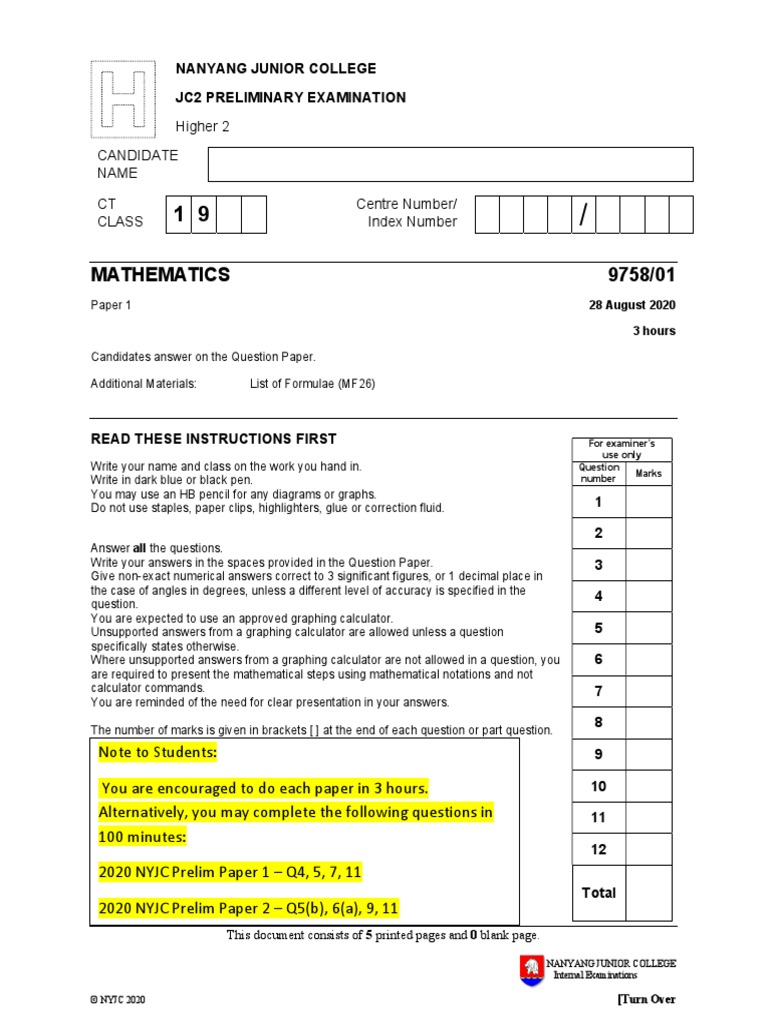 2020 NYJC H2 Math Prelim Paper 1 Questions | PDF | Infection | Plane ...