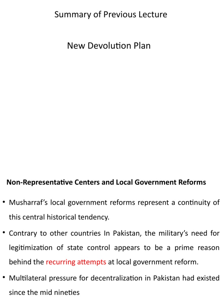 New Devolution Plan Summary Of Previous Lecture Pdf Pakistan
