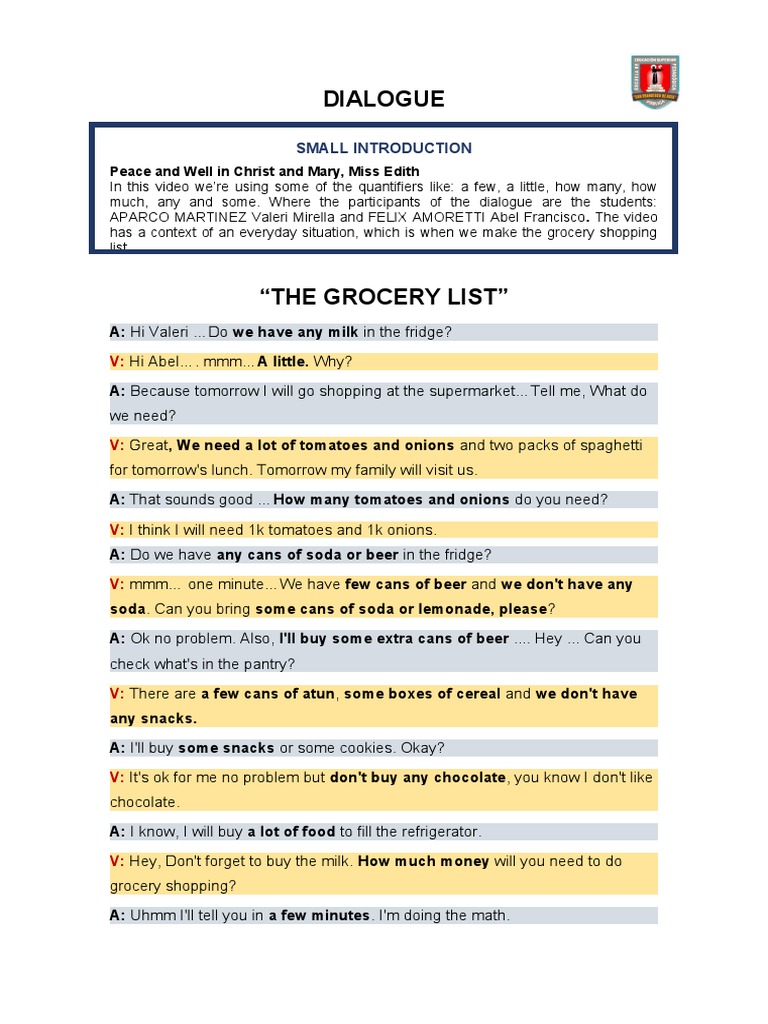 The Grocery List Dialogue | PDF