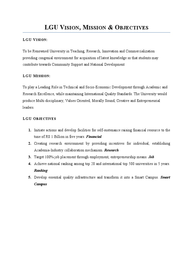 LGU Vision, Mission, Objectives | PDF