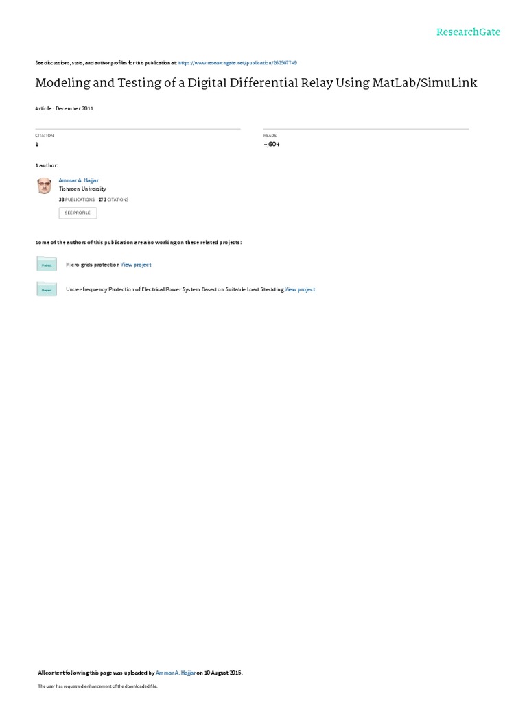 Modeling and Testing of A Digital Differential Relay Using Matlab ...